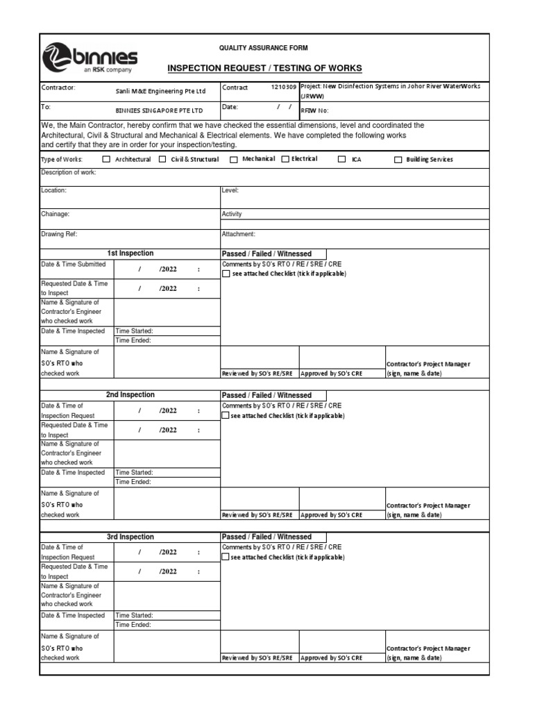 Inspection Request / Testing of Works: Quality Assurance Form | PDF ...
