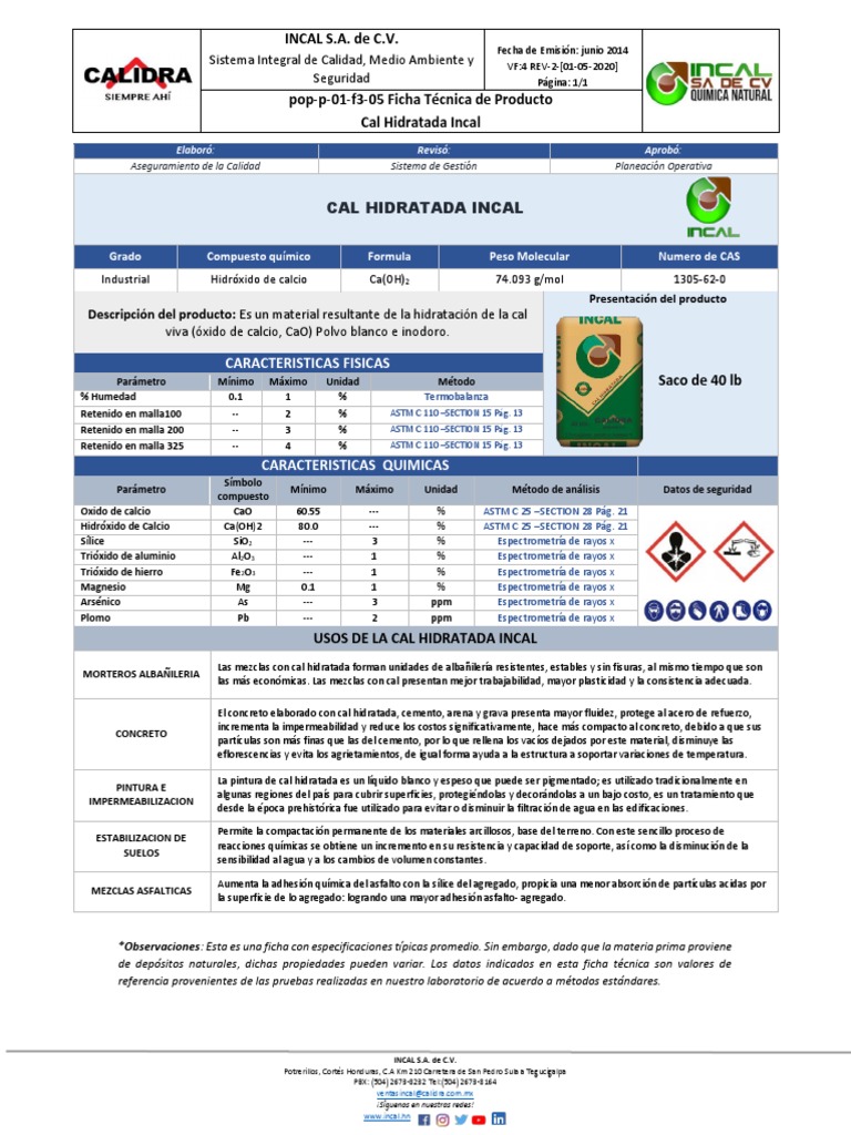 Ficha Técnica Cal Hidratada Incal | PDF | Hormigón | Cemento