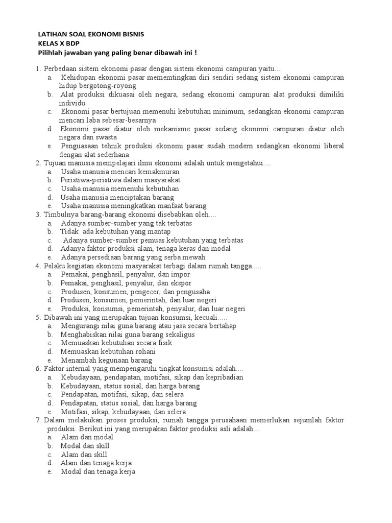 Latihan Soal Ekonomi Bisnis Kelas X BDP Pilihlah Jawaban Yang Paling Benar Dibawah Ini ! | PDF