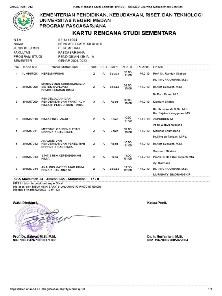 Kartu Rencana Studi Semester (KRSS) - UNIMED Learning Management Services | PDF