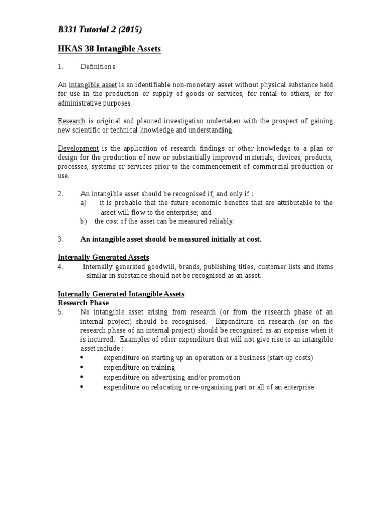 HKAS 38 Intangible Assets: B331 Tutorial 2 (2015) | PDF | Intangible ...