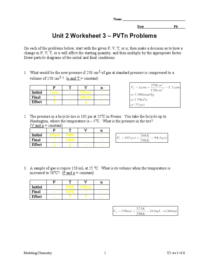 Unit 2 Worksheet 3 - PVTN Problems: P T V N Initial Final Effect | PDF ...