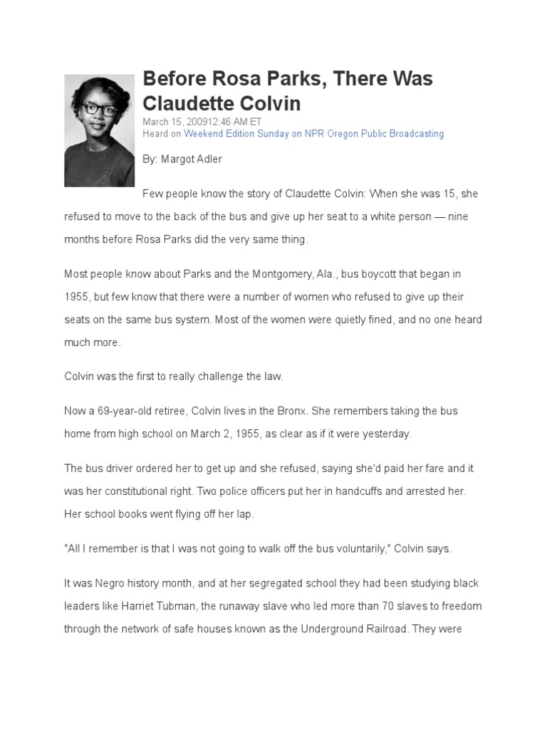 Before Rosa Parks, There Was Claudette Colvin | PDF | The United States ...