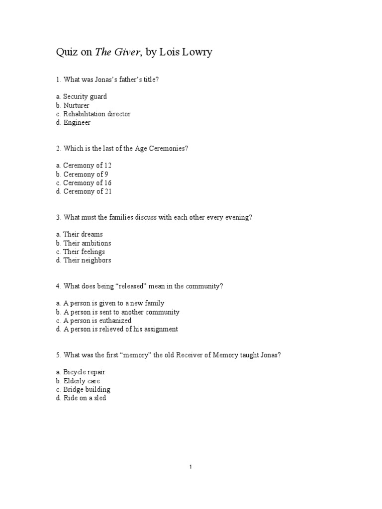 Quiz The Giver | PDF