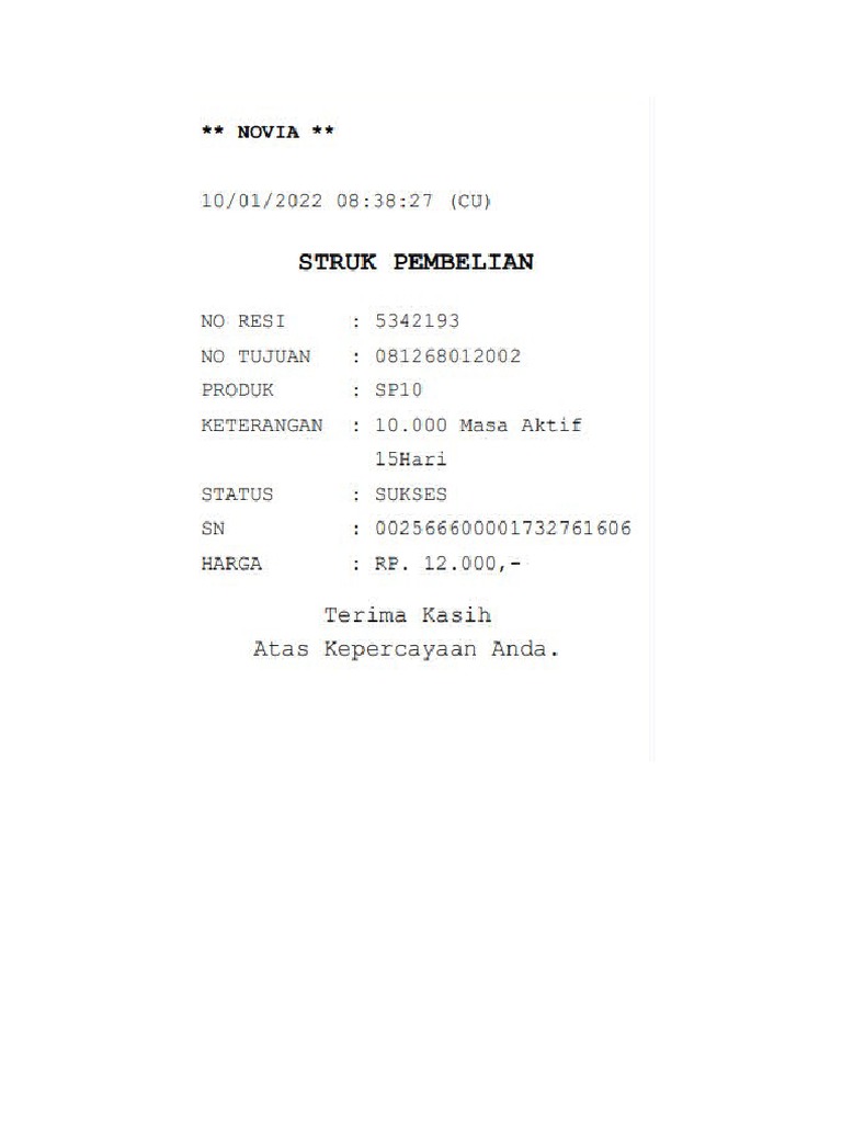 Struk Beli Pulsa 10 Jan 2021 | PDF