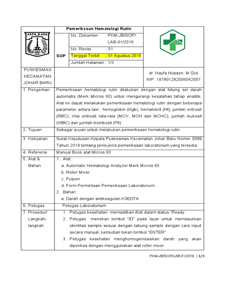 01 SOP Pemeriksaan Hematologi Rutin | PDF