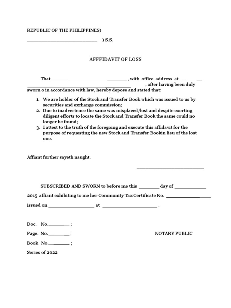Affidavit of Loss Format | PDF