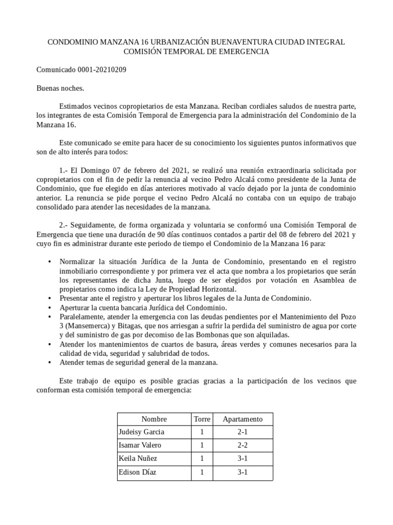 Comunicado 0001-20210209 | PDF | Condominio | Bienes raíces