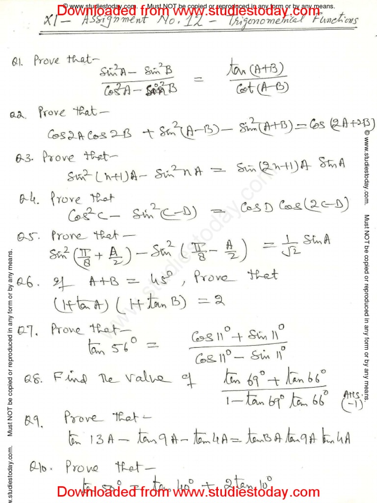 CBSE Class 11 Mathematics Trigonometry Worksheet Set I | PDF