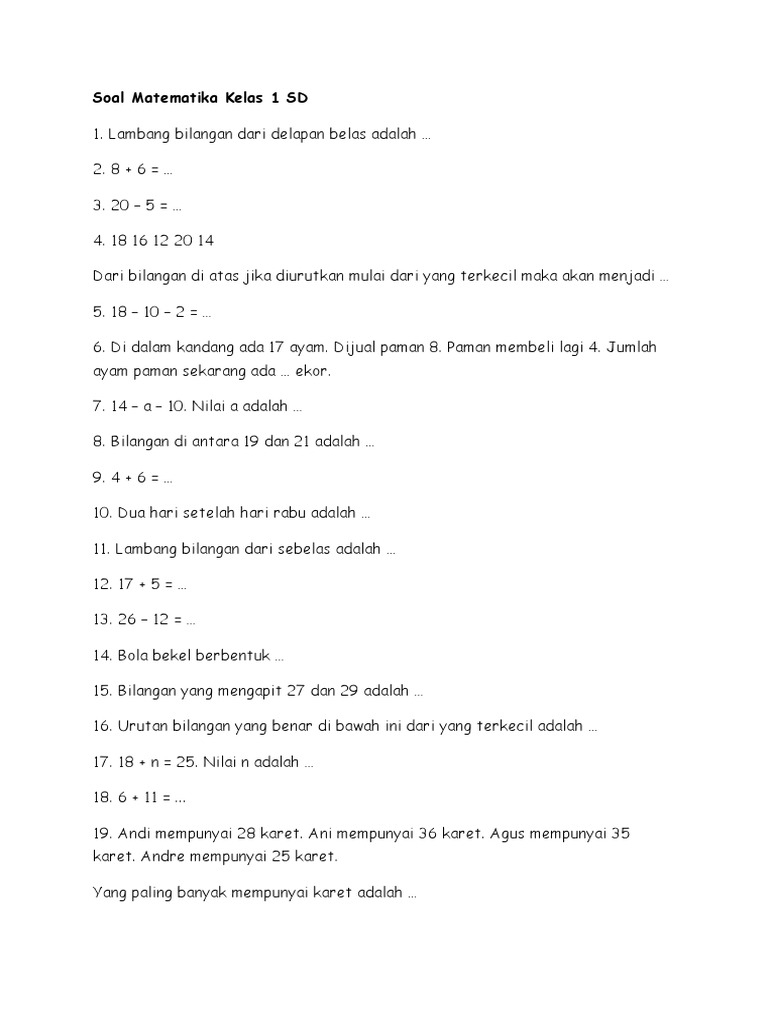 Soal Matematika Kelas 1 Sd Pdf