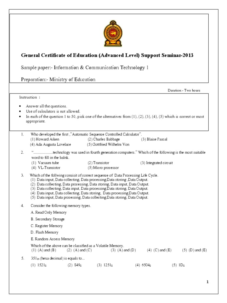 2013 AL ICT Model Paper English at Apepanthiya - LK | PDF | Computer ...