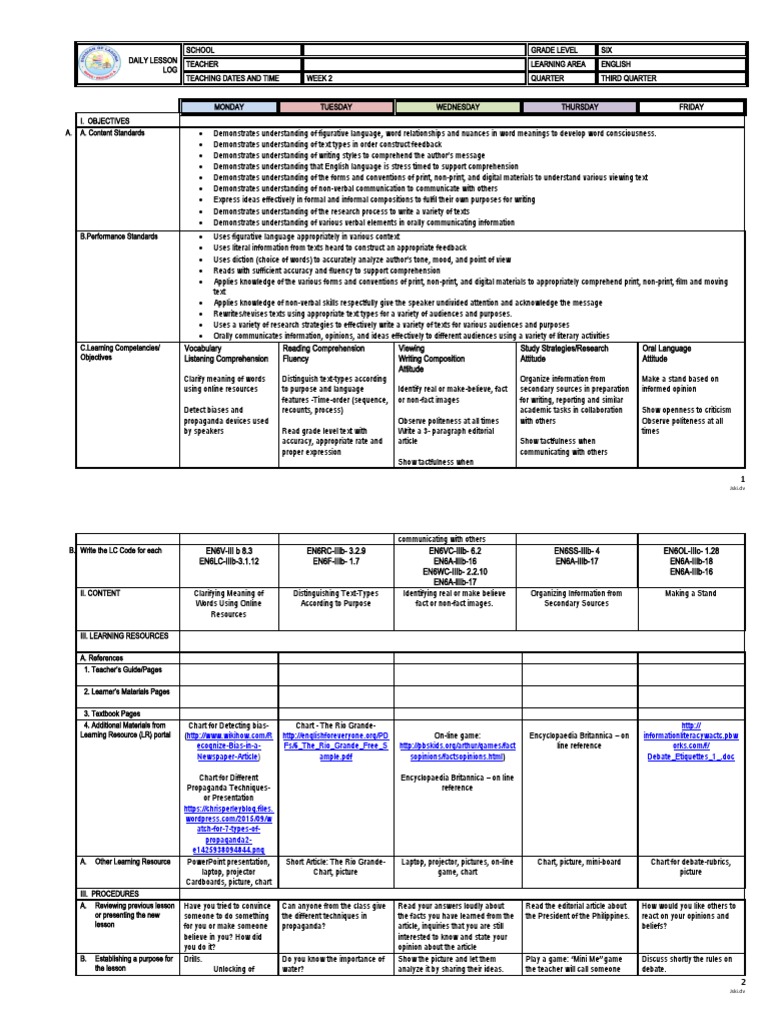 DLL Grade 6 Week-2 | PDF | Reading Comprehension | Cognition