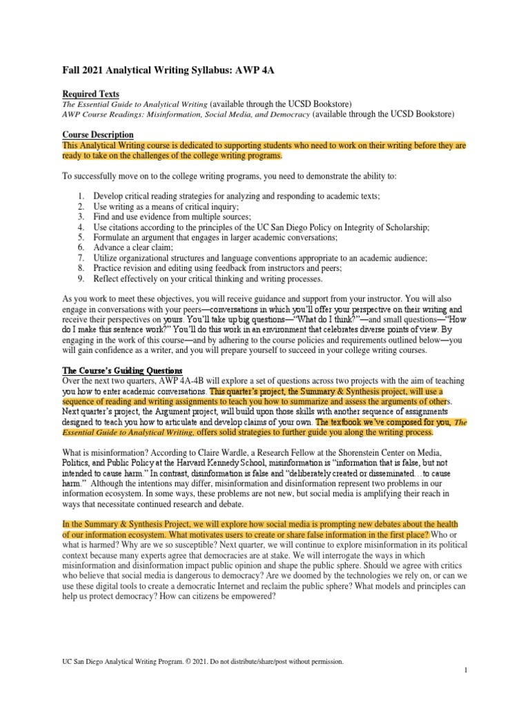 AWP 4A Syllabus Fall 2021 (Misinformation) | PDF | Essays | Mentorship
