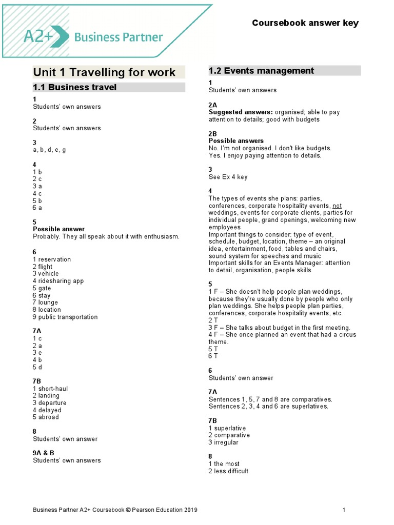 Unit 1 Travelling For Work: Coursebook Answer Key | PDF | Textbook | Hotel