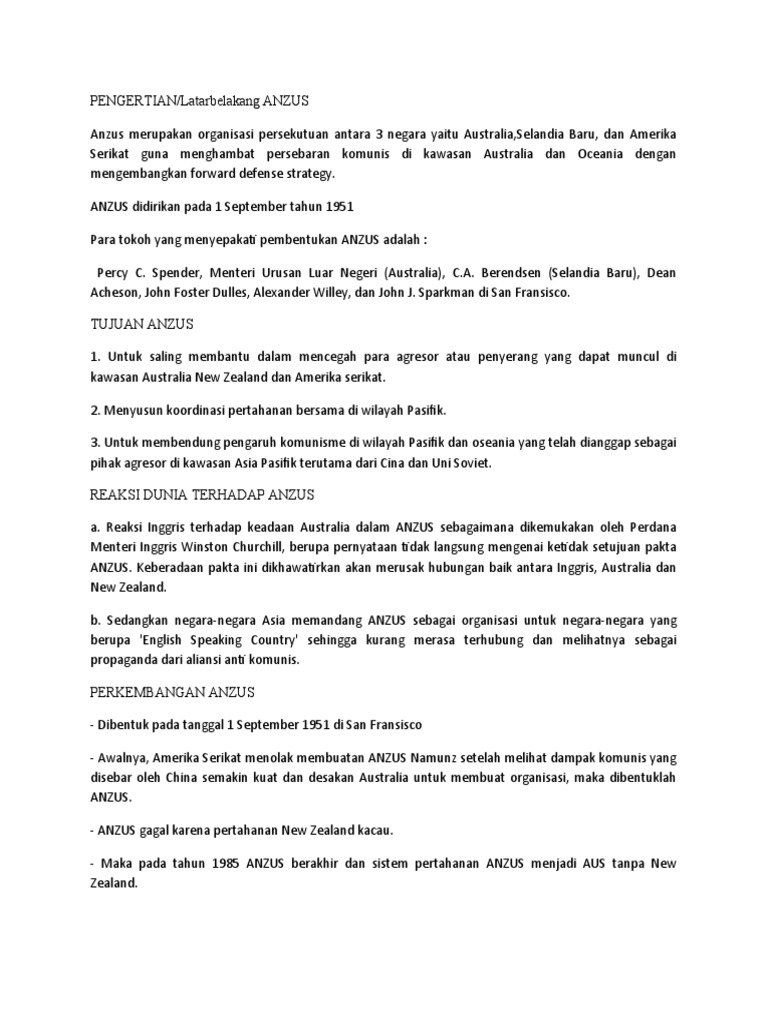 Sejarah dan Tujuan ANZUS | PDF