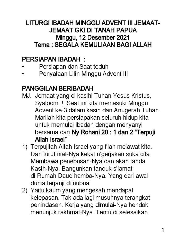 Liturgi Ibadah Minggu Advent III Jemaat1 | PDF
