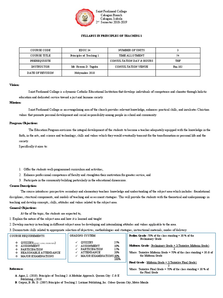 Syllabus in Principles of Teaching 1 | Download Free PDF | Lesson Plan ...