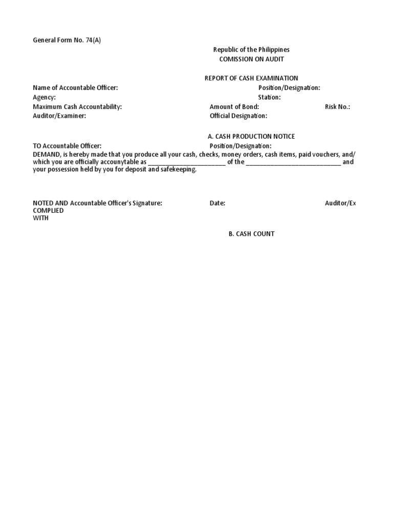 Cash Examination Report Form 74A | PDF