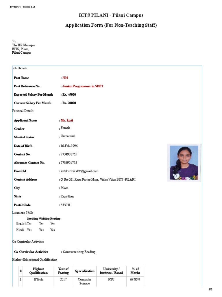 BITS PILANI - Pilani Campus Application Form (For Non-Teaching Staff ...