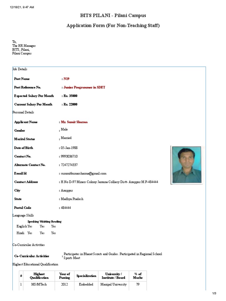 BITS PILANI - Pilani Campus Application Form (For Non-Teaching Staff) | PDF | Internet & Web ...