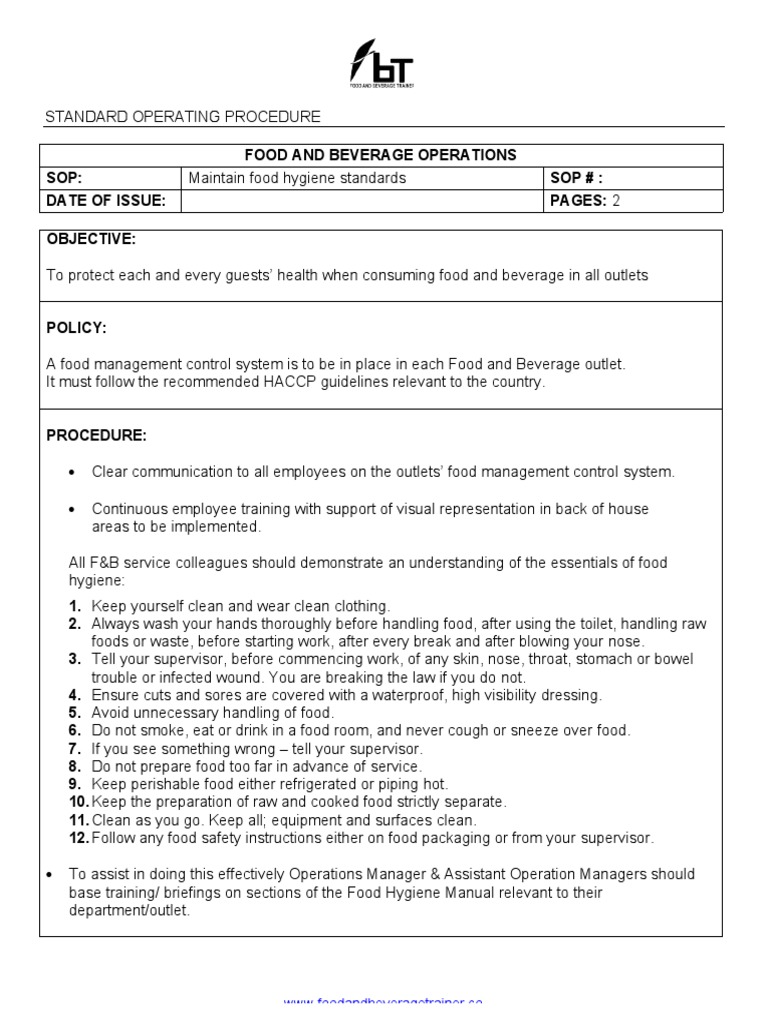 Food Hygiene SOP for F&B Operations | PDF | Foods | Food Safety