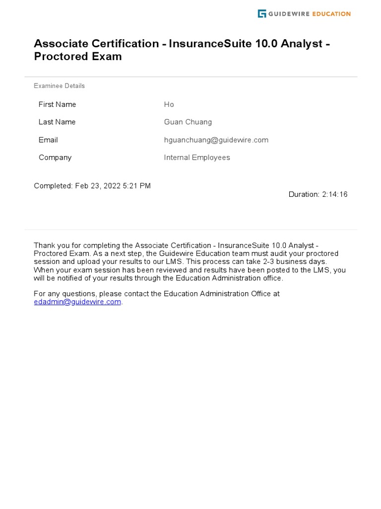 Score Report For Associate Certification - InsuranceSuite 10.0 Analyst ...