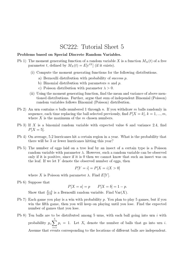 Tutorial Sheet 5 | PDF | Probability Distribution | Poisson Distribution