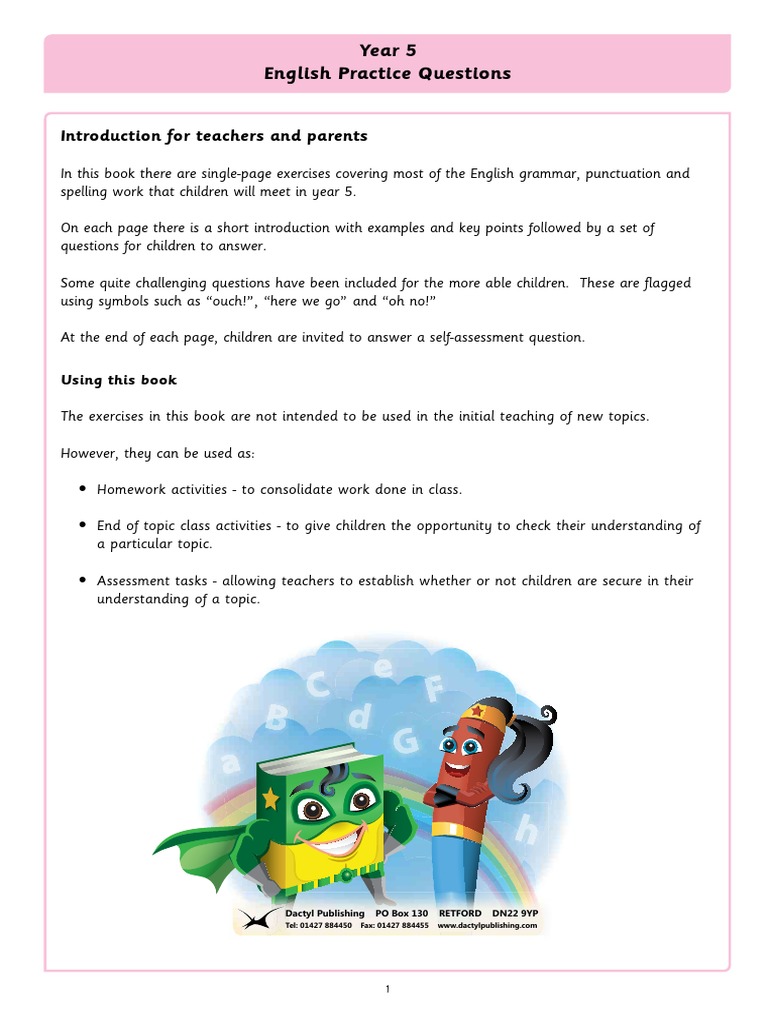 Year 5 English Practice Questions Answer Booklet | PDF | Adverb | Verb