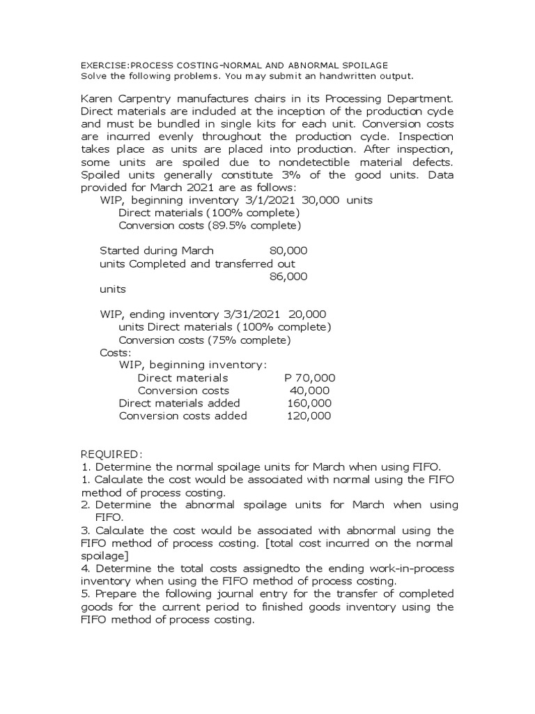 Exercise-Process Costing-Normal and Abnormal Spoilage | PDF | Finance ...