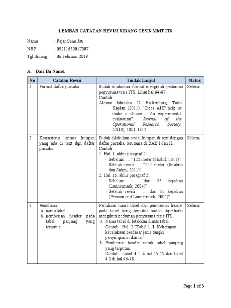 Contoh Form Tabel Revisi Setelah Sidang | PDF