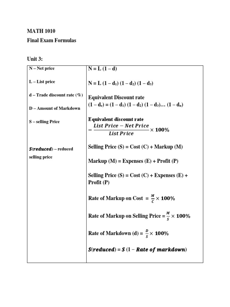 MATH 1010 Final Exam Formula Sheet | PDF