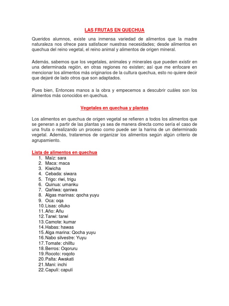 Las Frutas en Quechua - Violeta | PDF | Alimentos | Maíz