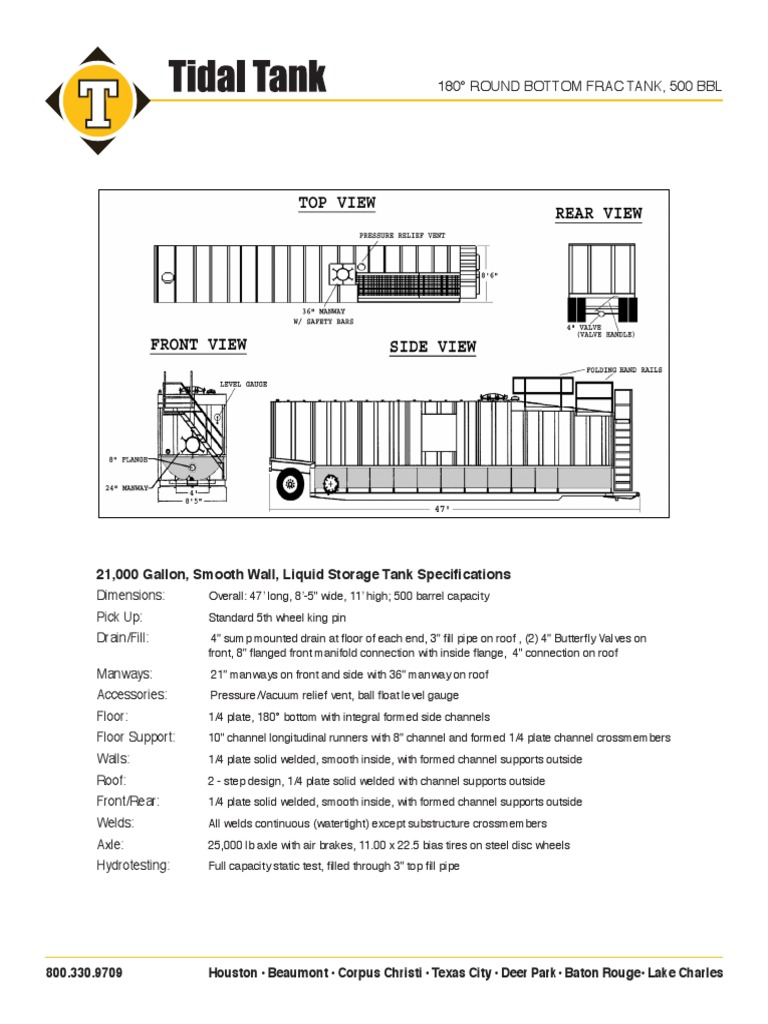 180° Round Bottom Frac Tank, 500 BBL: 21,000 Gallon, Smooth Wall ...