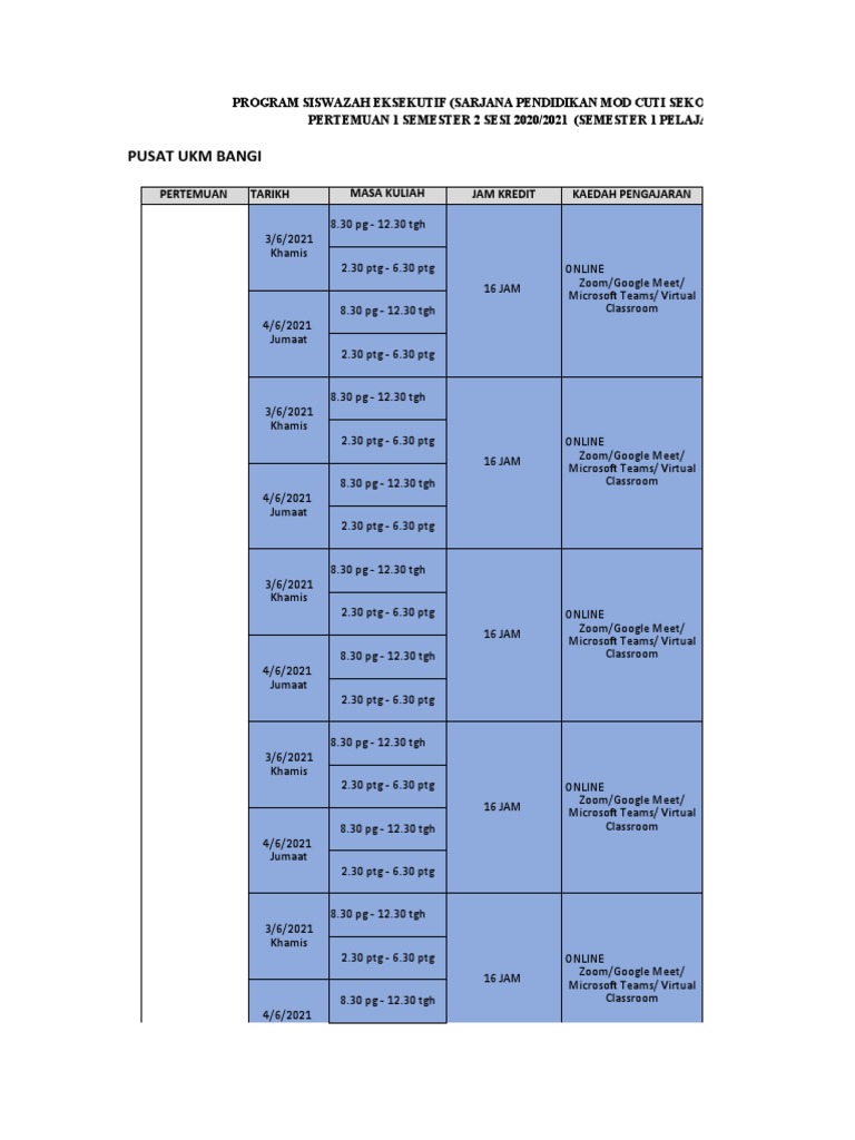 Jadual Kuliah Sem 2 20202021 Pertemuan 2 Sem 1 Pelajar 1 | PDF | Microcomputer Software ...