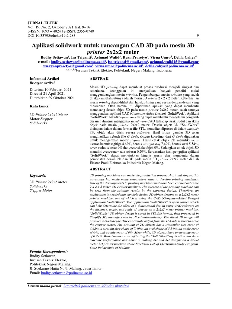 Aplikasi Solidwork Untuk Rancangan CAD 3D Pada Mesin 3D: Printer 2x2x2 Meter | PDF