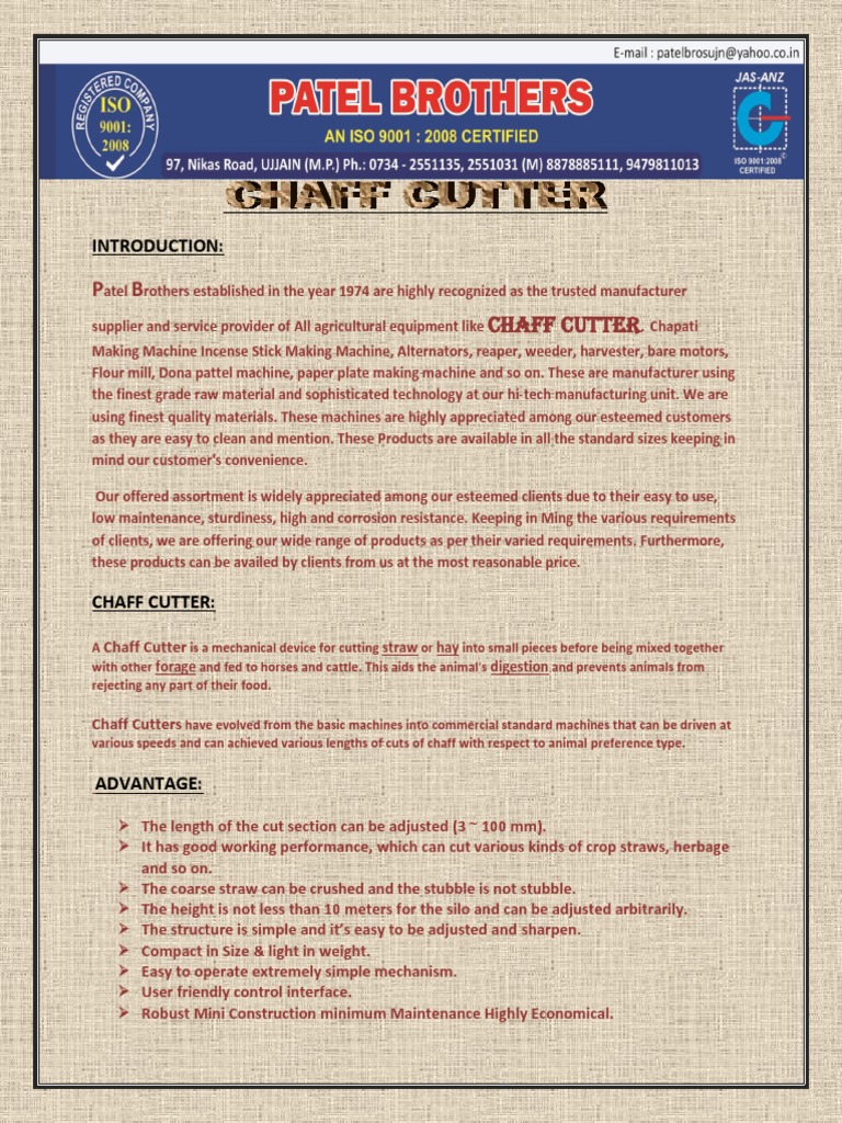 Chaff Cutter Machines and Spare Parts Guide | PDF