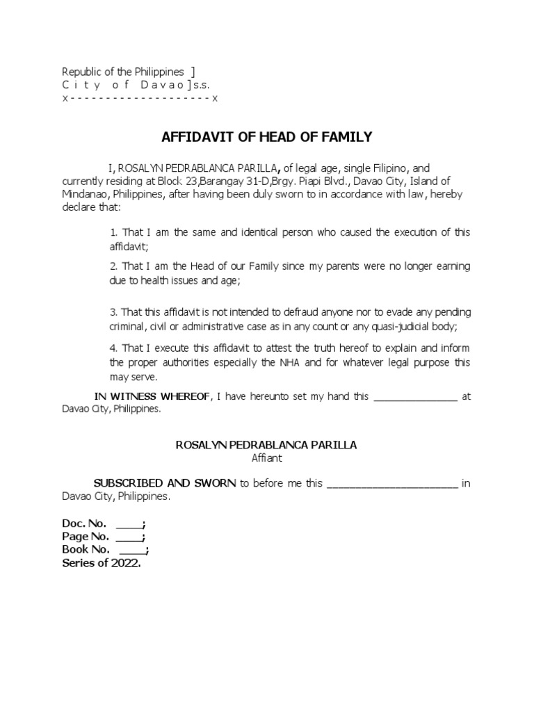 aFFIDAVIT hEAD OF fAMILY | PDF | Affidavit | Notary Public
