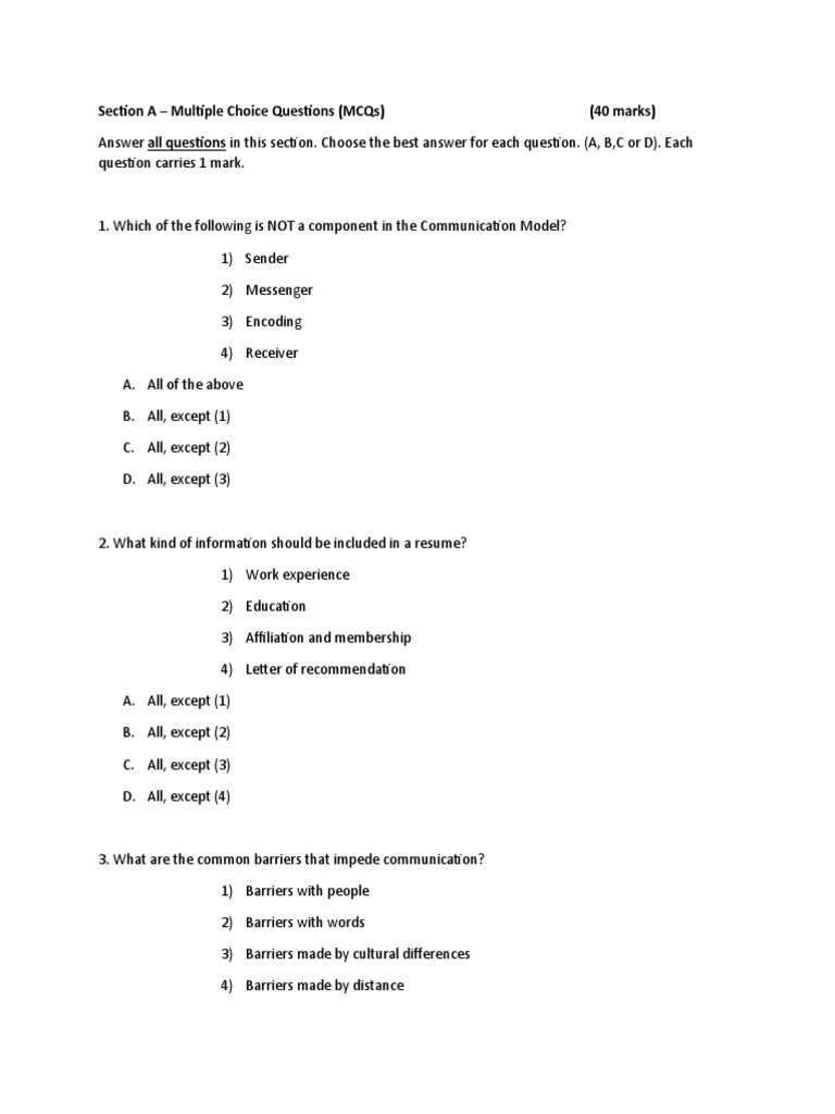 Sample MCQ Questions | Download Free PDF | Communication | Cognitive ...