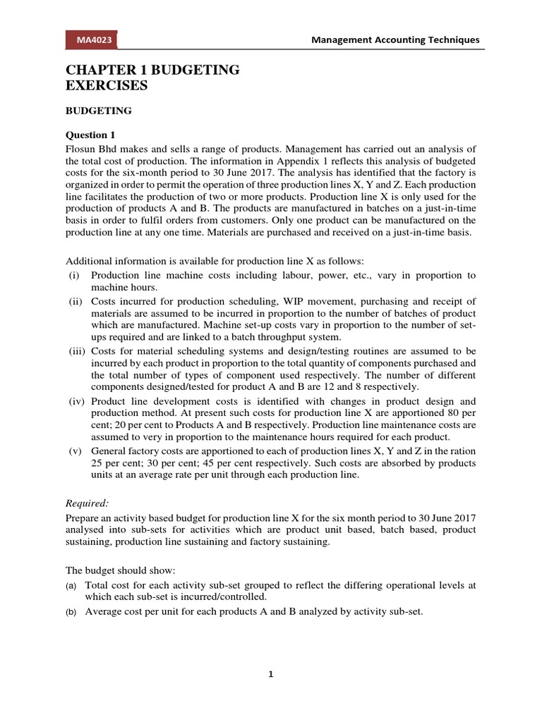 Chapter 1 Budgeting Exercises: Management Accounting Techniques | PDF ...