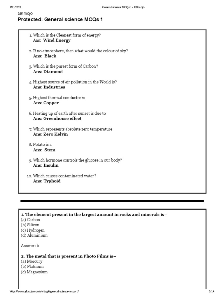 General Science Multiple Choice Questions Covering a Wide Range of ...