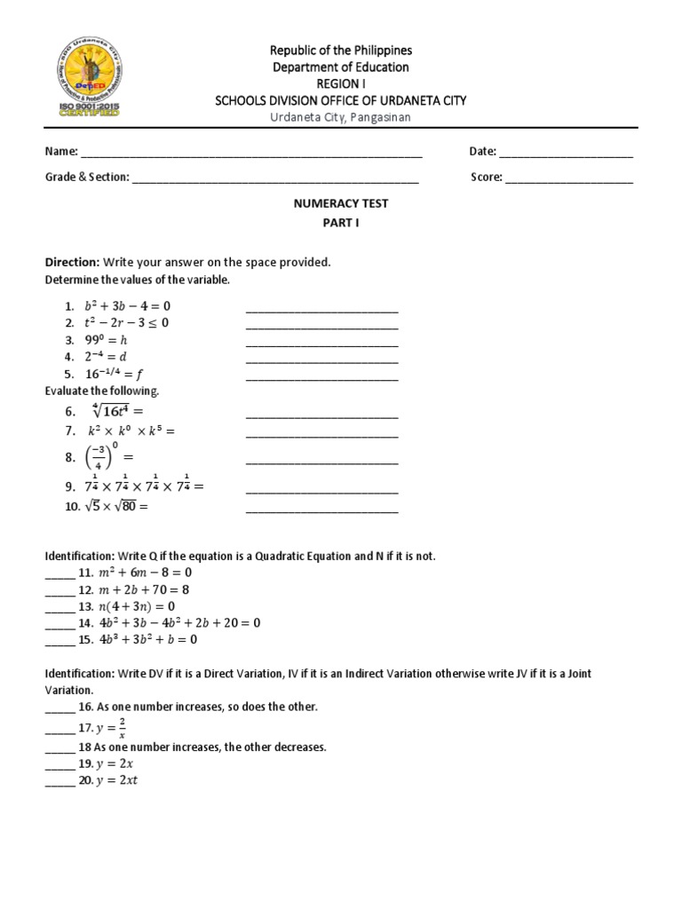 Numeracy Test Grade 10 Part 1 2 | PDF | Trigonometric Functions | Triangle