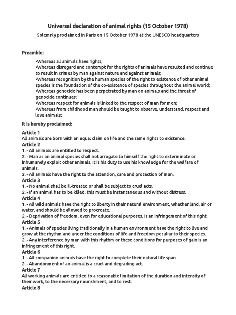 Universal Declaration of Animal Rights (15 October 1978) | PDF ...