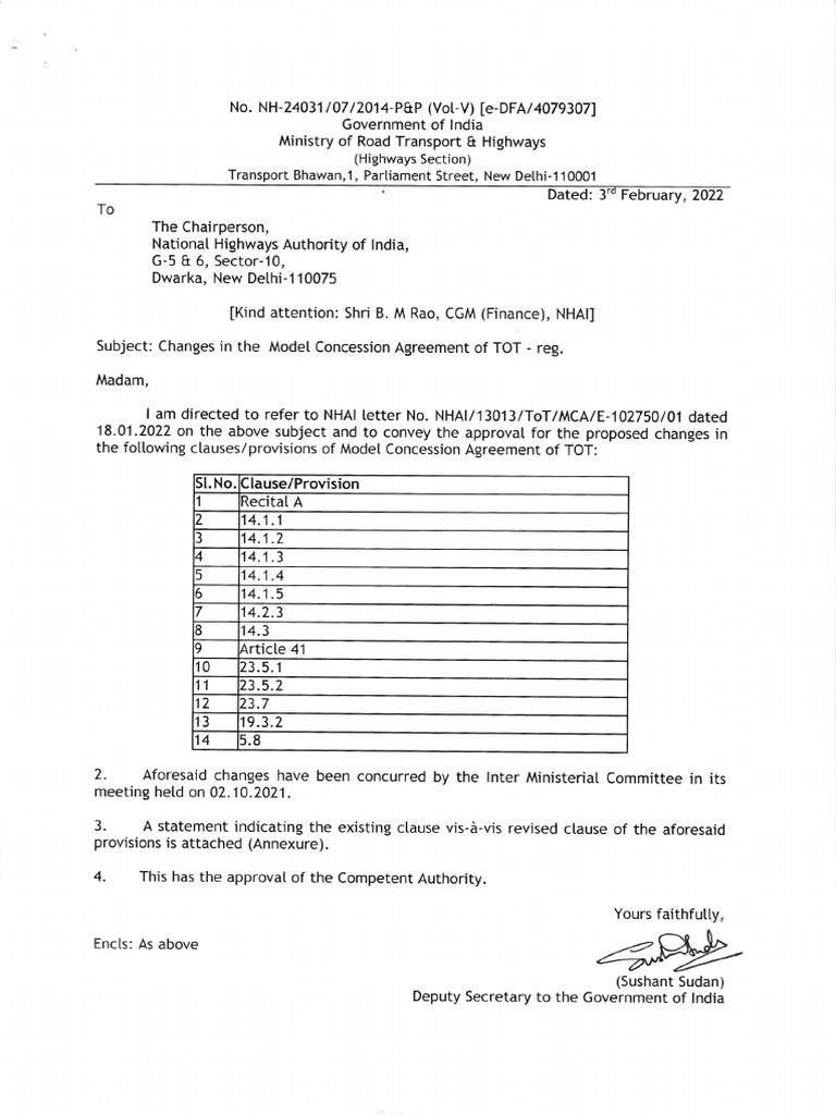 Changes in The Model Concession Agreement of TOT Regarding | Download Free PDF | Toll Road | Road