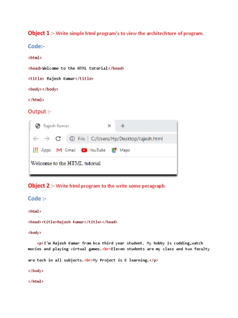 Code:-: Object 1 | PDF | Html | Internet & Web