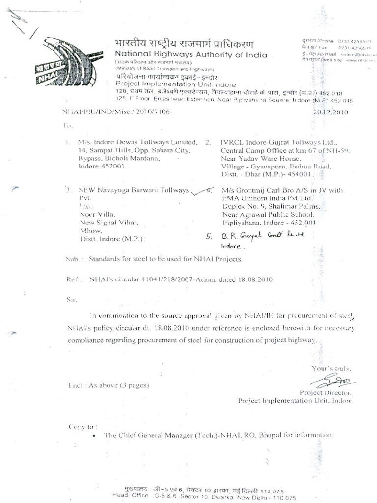 NHAI Circular-Steel Approval | PDF
