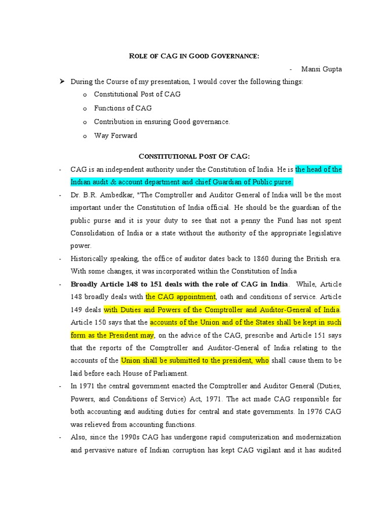 Role of CAG in Good Governance | PDF | Government | Governance