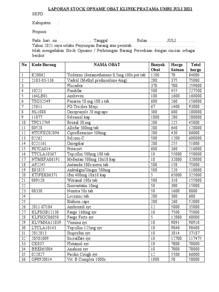 Stock Opname Obat Klinik Juli 2021 Pdf