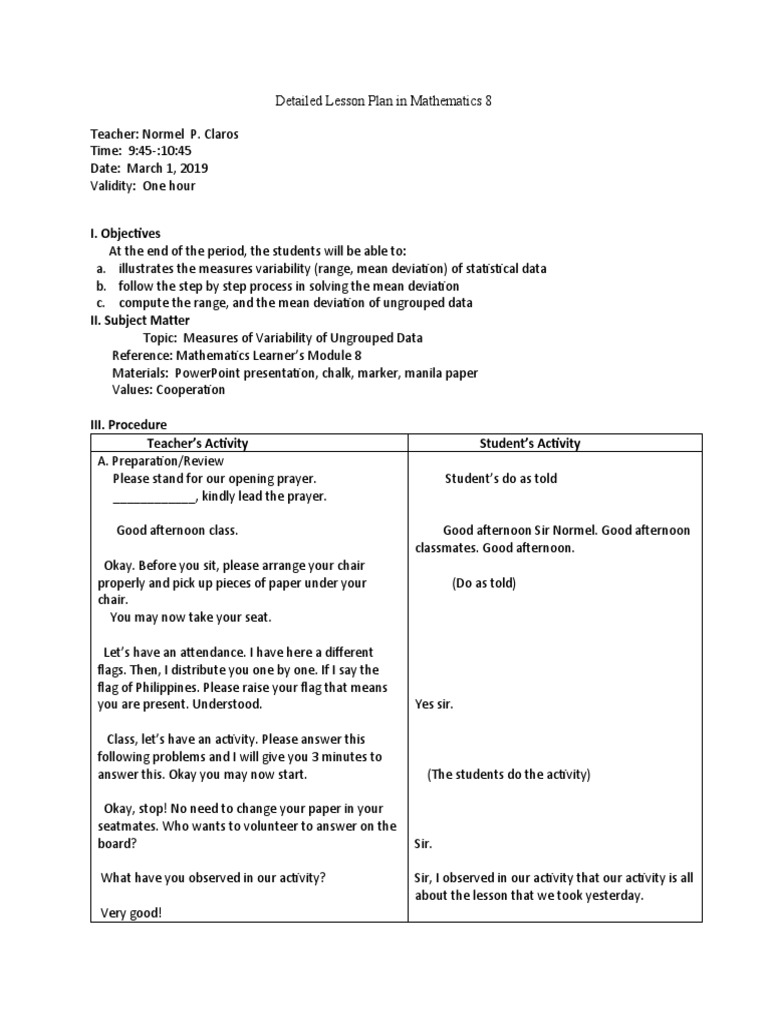 Detailed Lesson Plan in Mathematics 8 | PDF | Statistical Dispersion | Mean