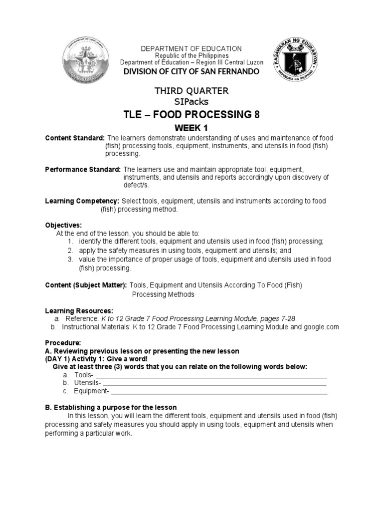 Tle - Food Processing 8: Division of City of San Fernando | PDF ...
