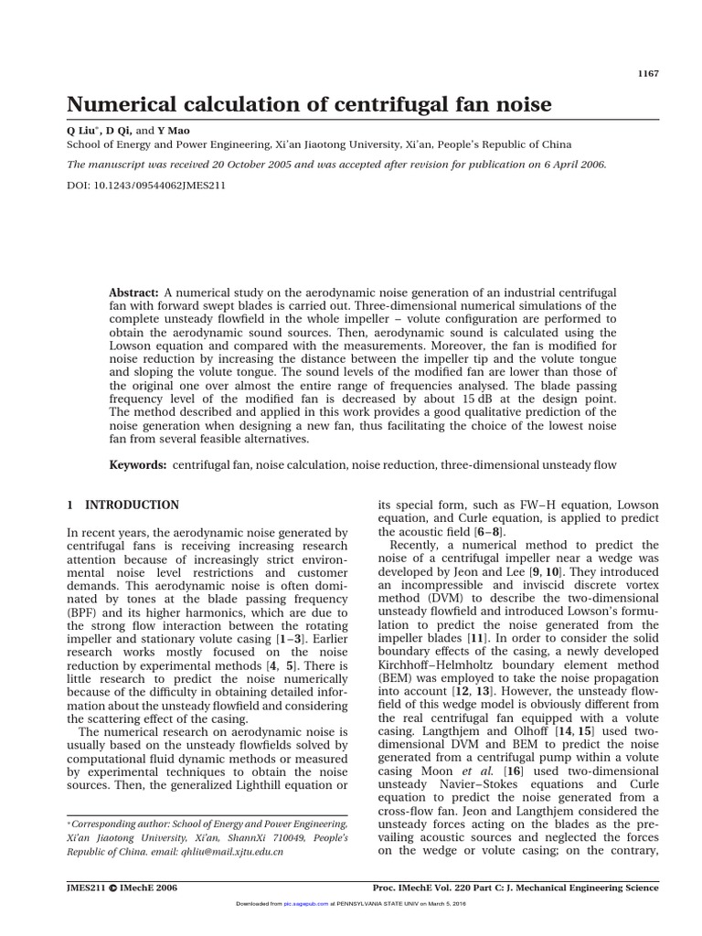 Numerical Calculation of Centrifugal Fan Noise | PDF | Fluid Dynamics ...